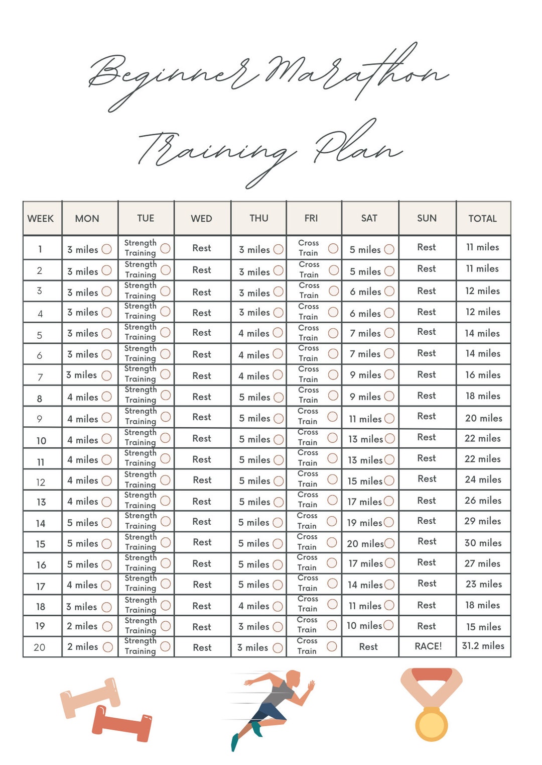 Marathon Training Plan for Beginners - Etsy