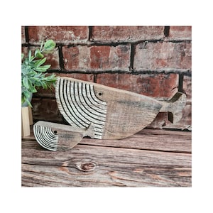 Wooden Carved Whales / Set of 2 / Rustic Coastal Decor / Mother and ...