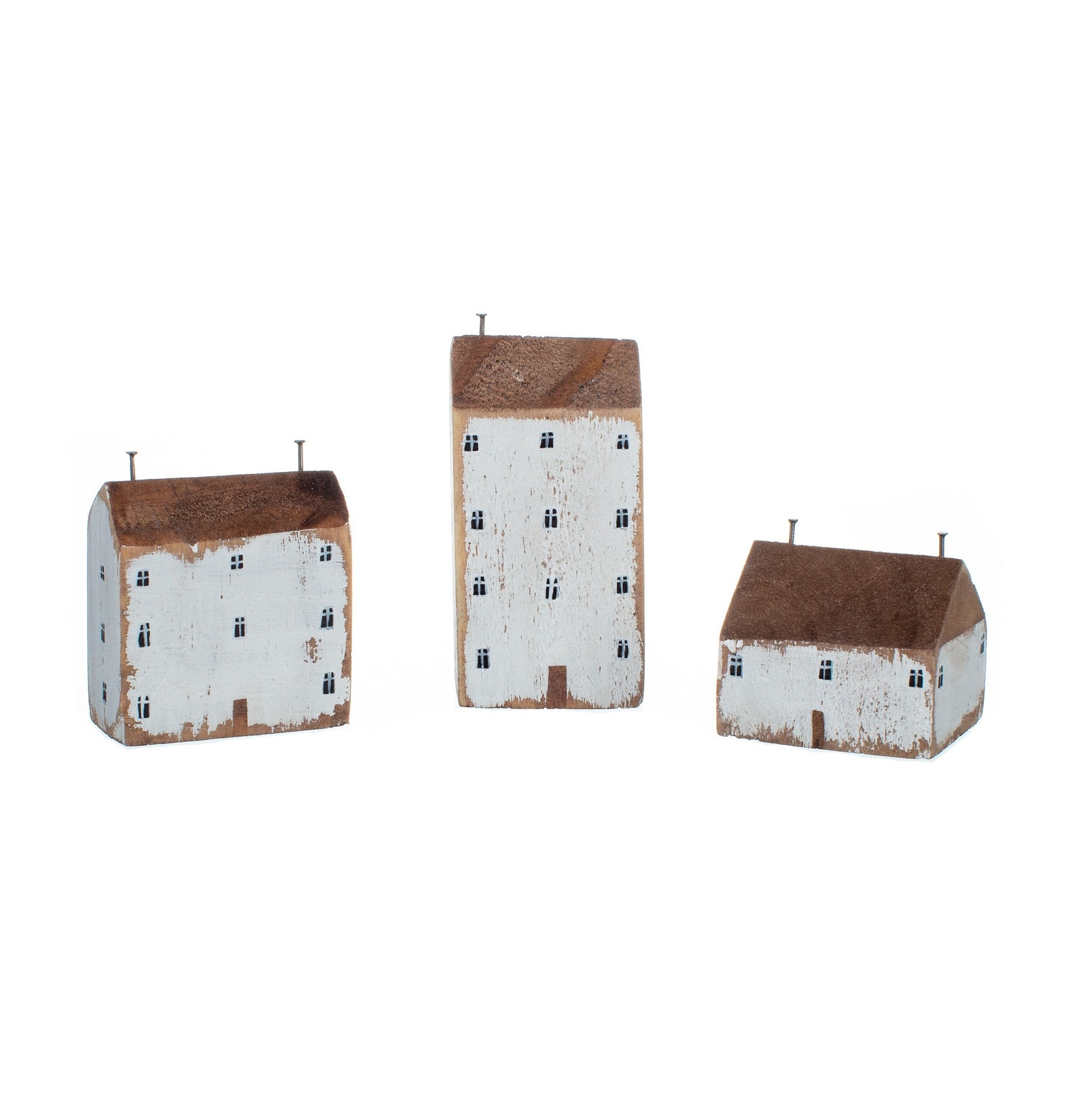 Set of 3 Miniature White Cottages, Unique Gift, Handmade Wooden Houses ...