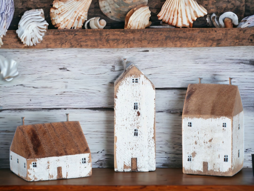 Set of 3 Miniature White Cottages, Unique Gift, Handmade Wooden Houses ...