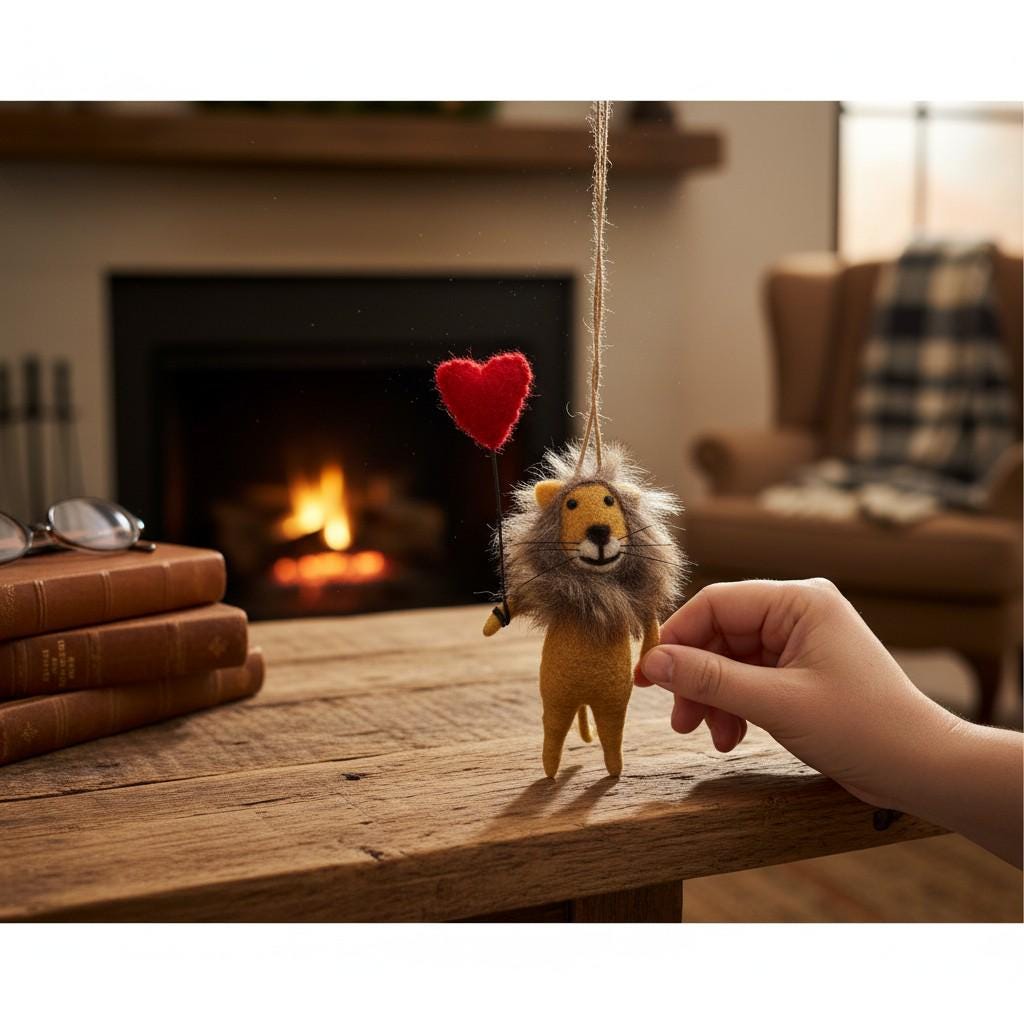 Handcrafted Felt Lion Decoration With Heart Balloon – 12cm Hanging ...