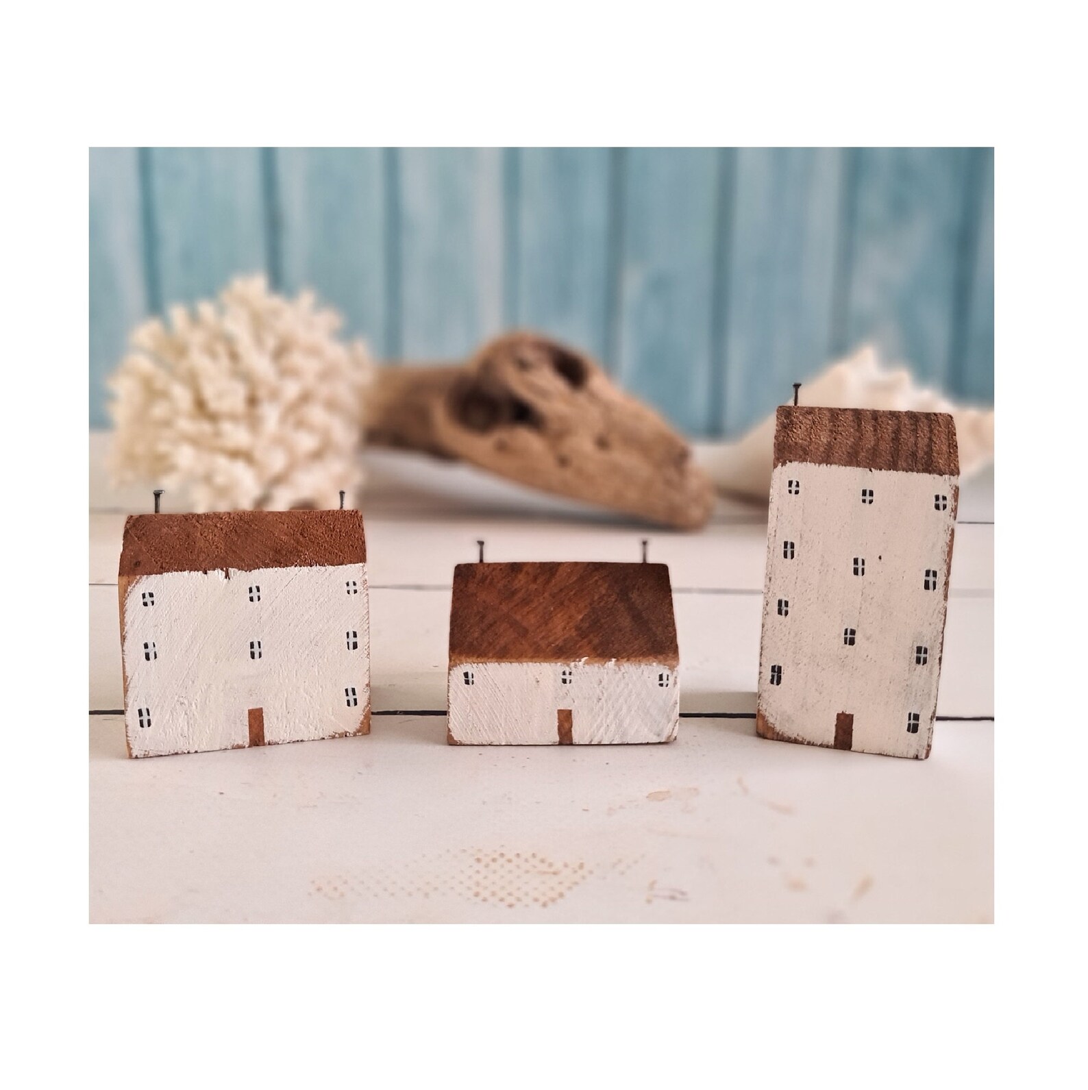 Set of 3 Miniature White Cottages, Unique Gift, Handmade Wooden Houses ...
