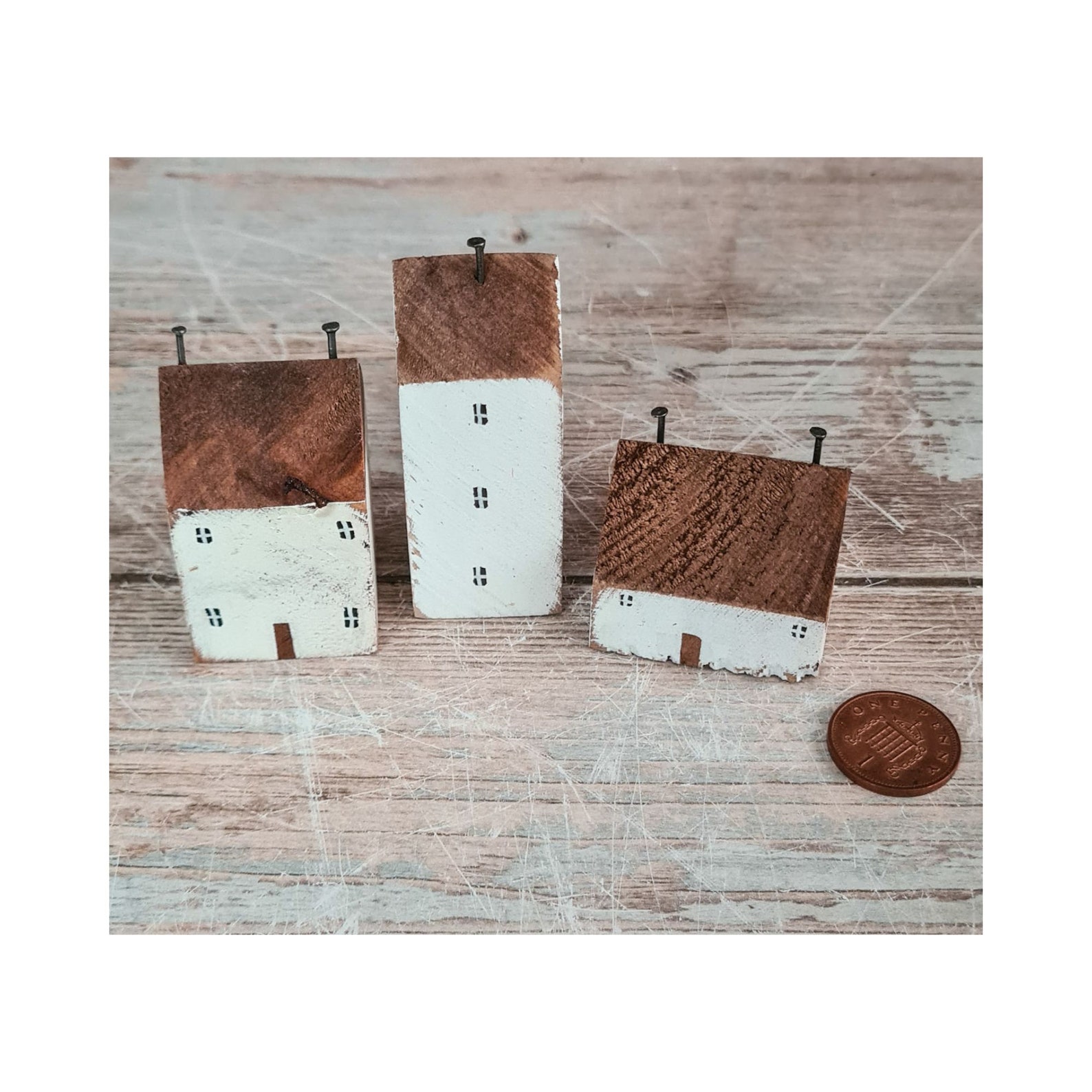 Set of 3 Miniature White Cottages, Unique Gift, Handmade Wooden Houses ...