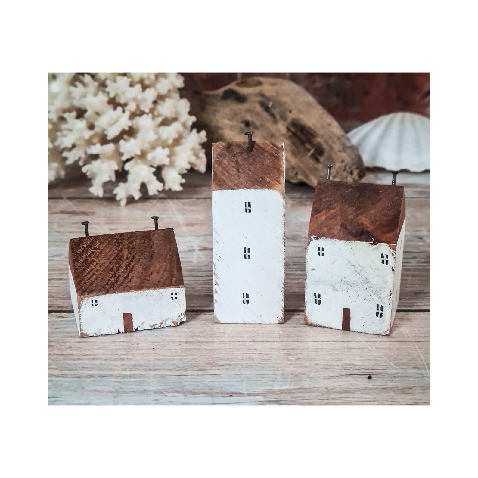 Set of 3 Miniature White Cottages, Unique Gift, Handmade Wooden Houses ...