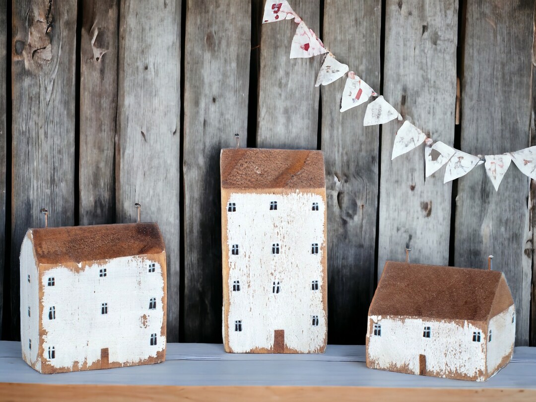 Set of 3 Miniature White Cottages, Unique Gift, Handmade Wooden Houses ...