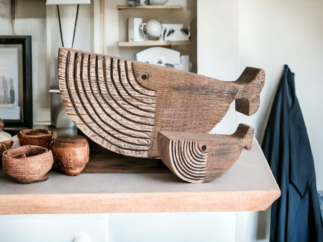 Wooden Carved Whales / Set of 2 / Rustic Coastal Decor / Mother and ...