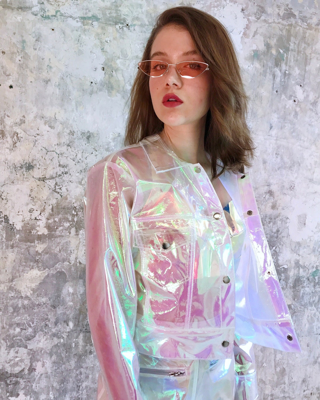 Pastel Goth Holographic PVC Jacket: Iridescent Coat Rave Party , Cyber ...