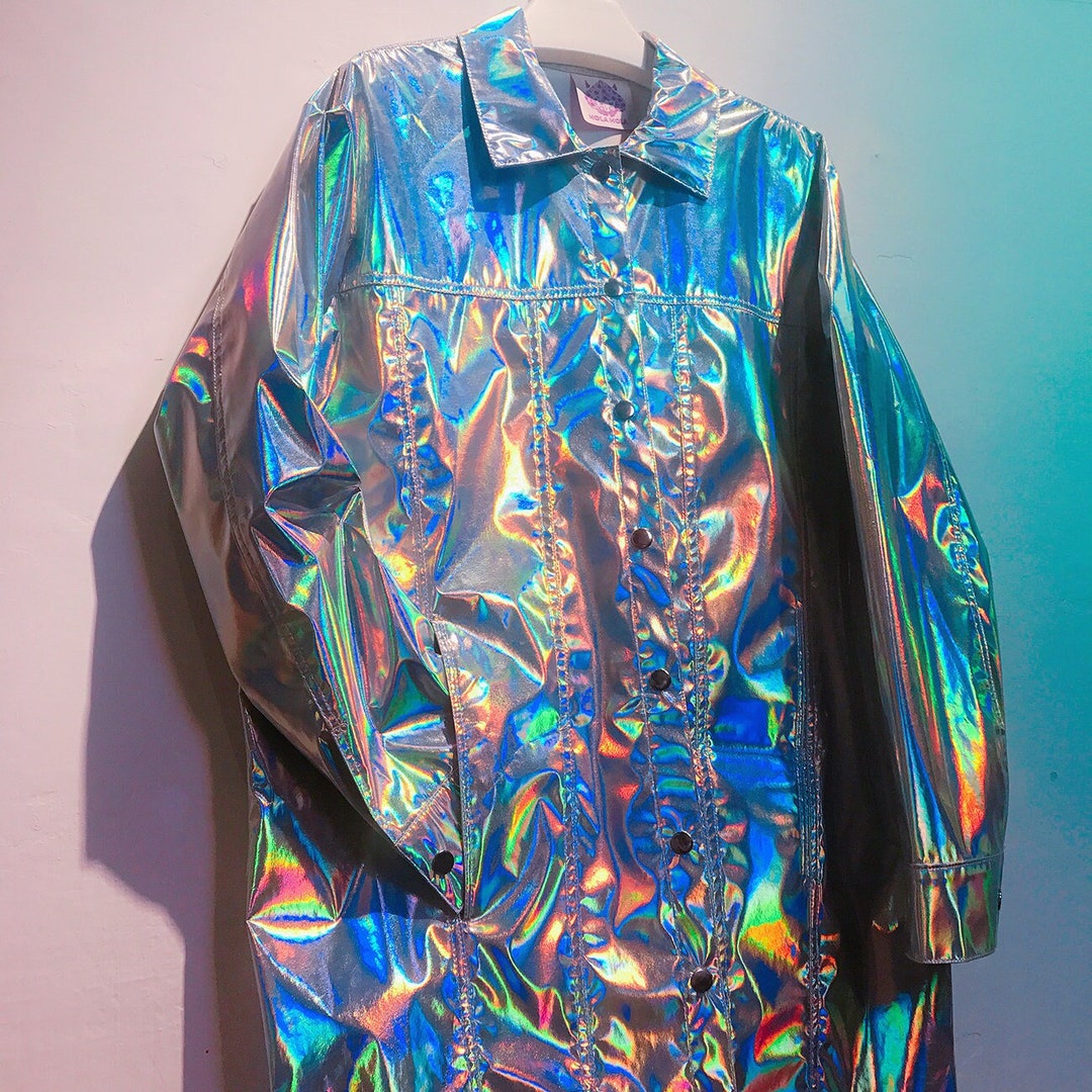 White Holographic Oversize Long Jacket Windbreaker Blazer Raincoat ...
