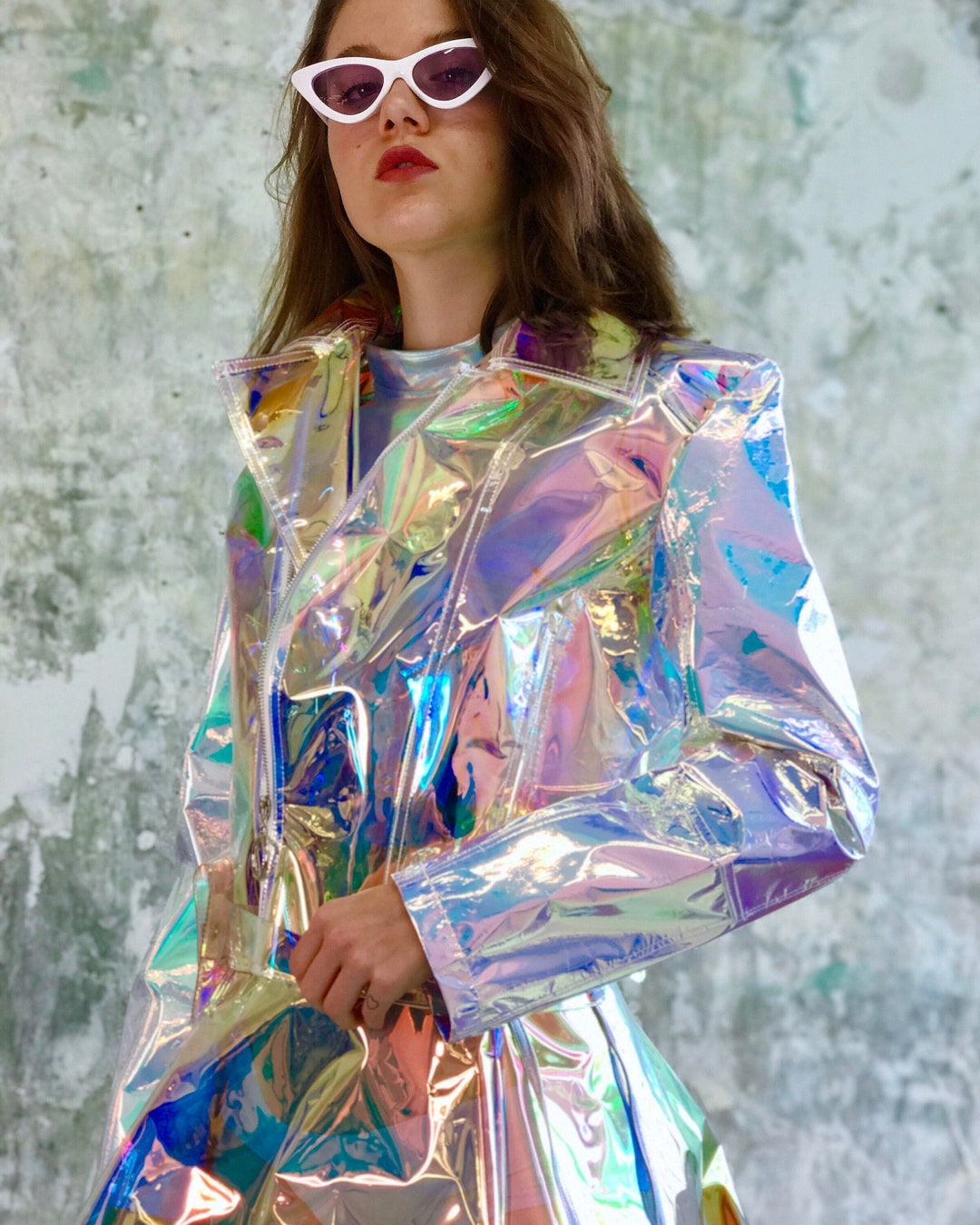 Holographic Metaverse Iridescent PVC Jacket Biker Futuristic Party ...
