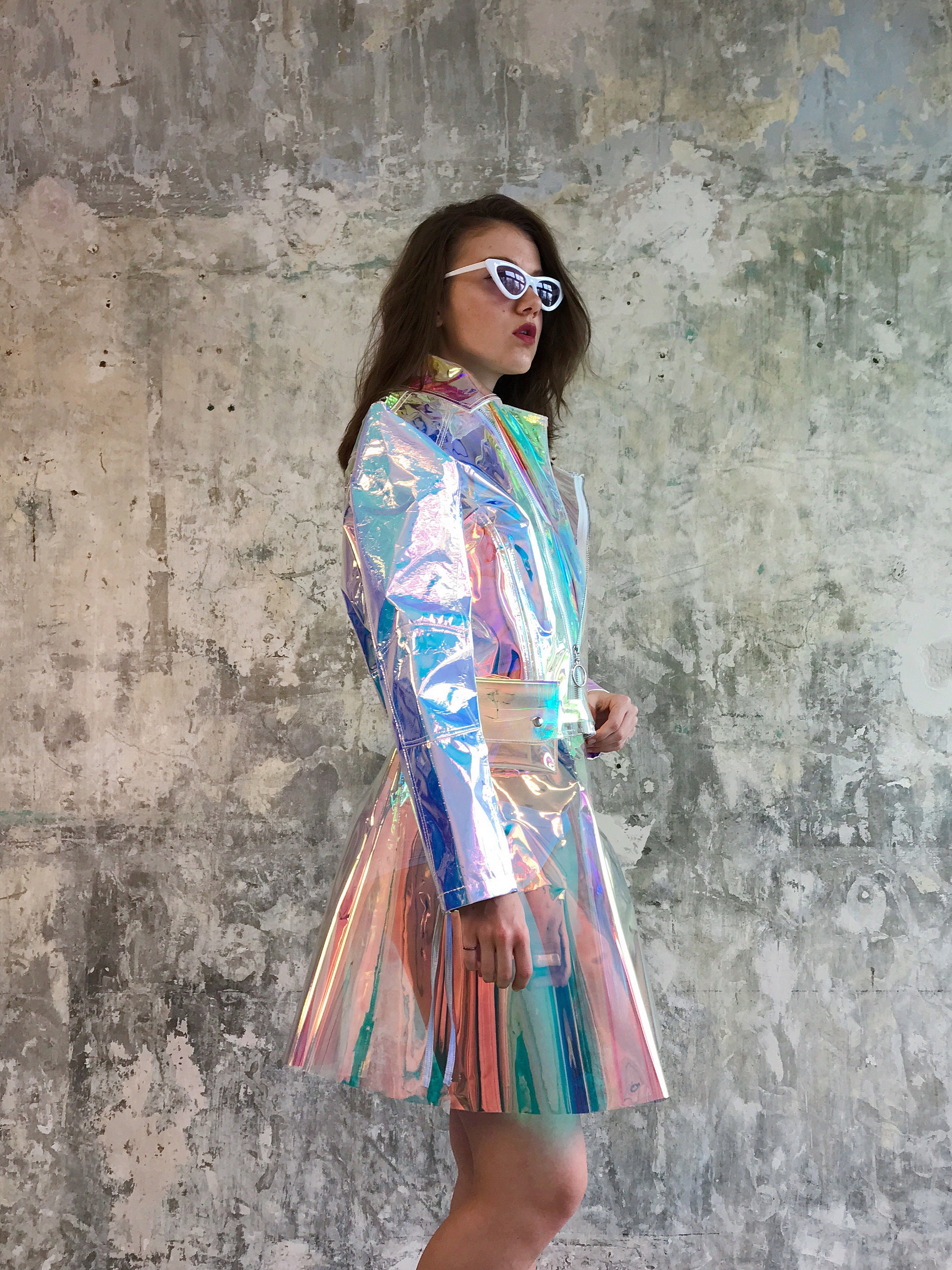 Holographic Metaverse Iridescent PVC Jacket Biker Futuristic Party ...