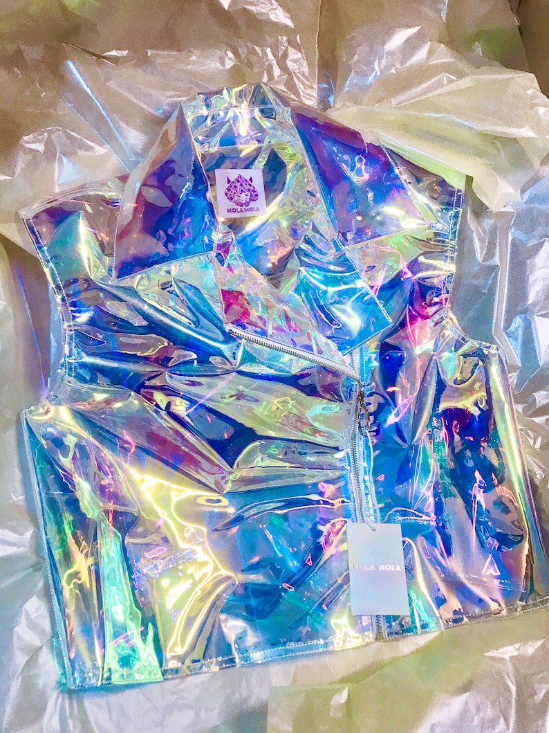 Custom Rainbow Holographic PVC Vest, Iridescent Cyberpunk Jacket, Rave ...