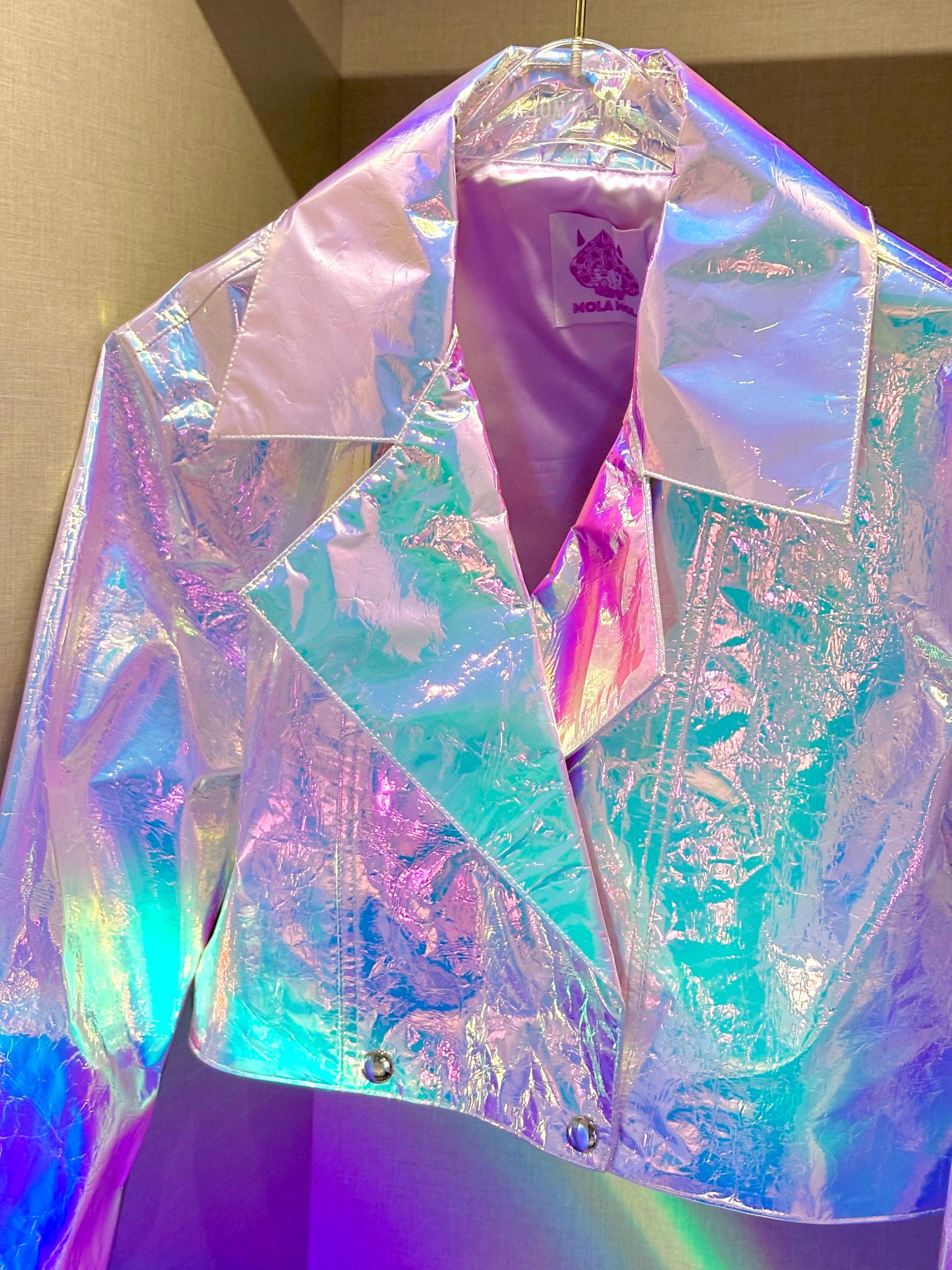 Unisex Iridescent Holographic Crop Jacket Cyber Y2K Moto Coat Pastel ...