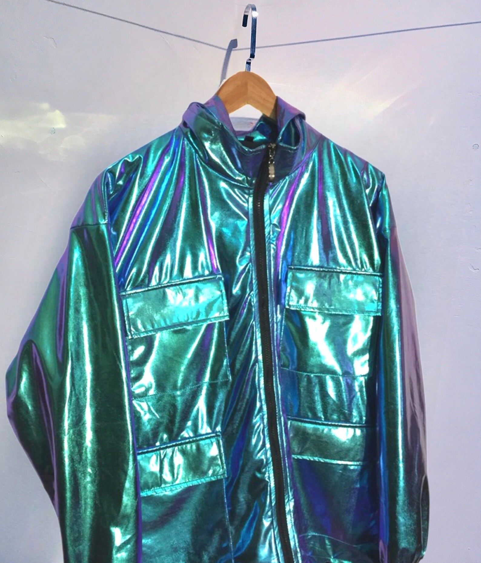 Metallic Green Holograh Jacket Windbreaker Blazer Raincoat Cyber Galaxy ...