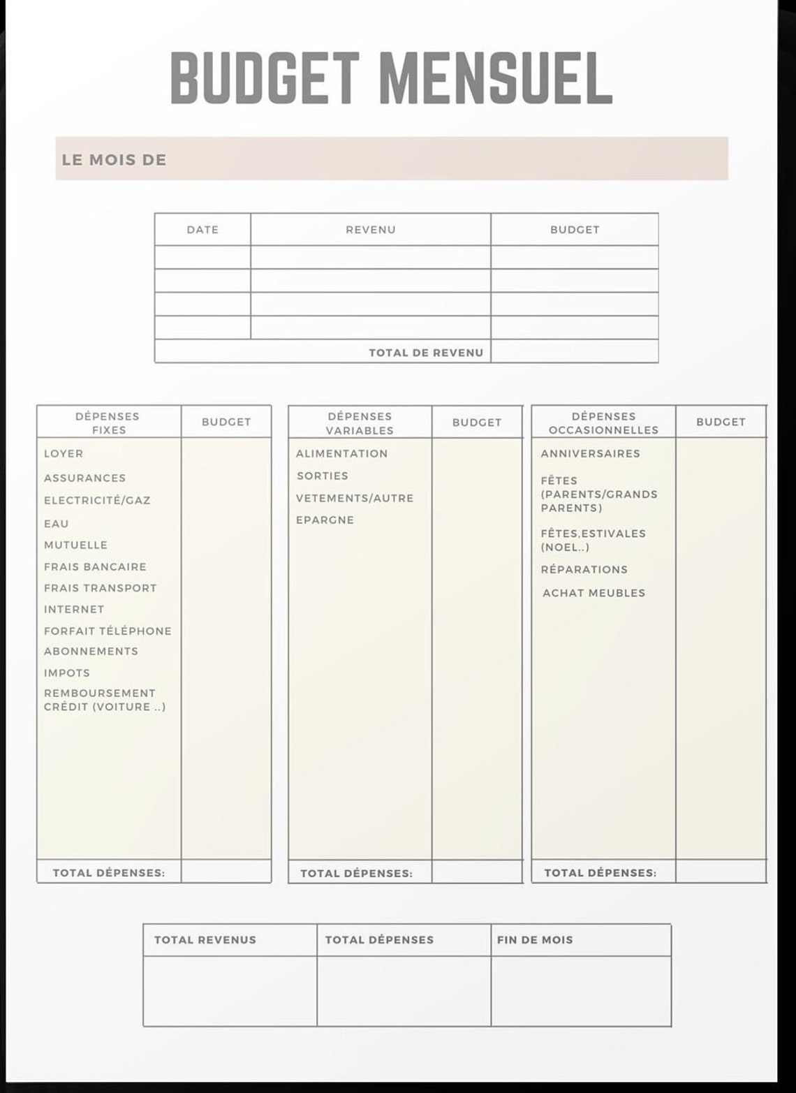 Organisation budget mensuel - À IMPRIMER - pour la gestion de comptes ...