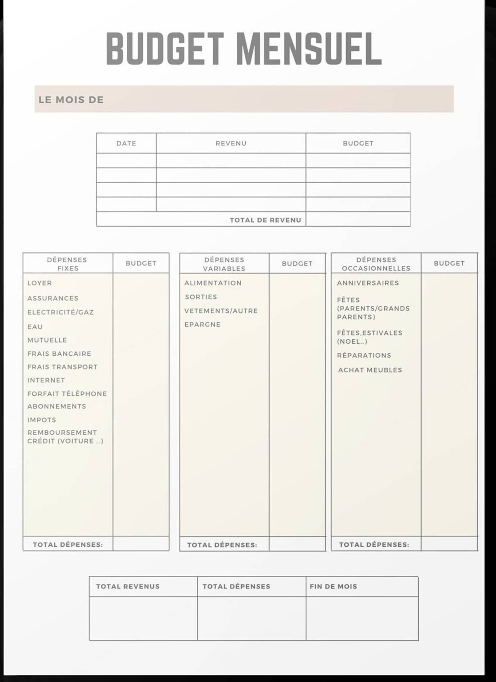 Organisation budget mensuel - À IMPRIMER - pour la gestion de comptes ...