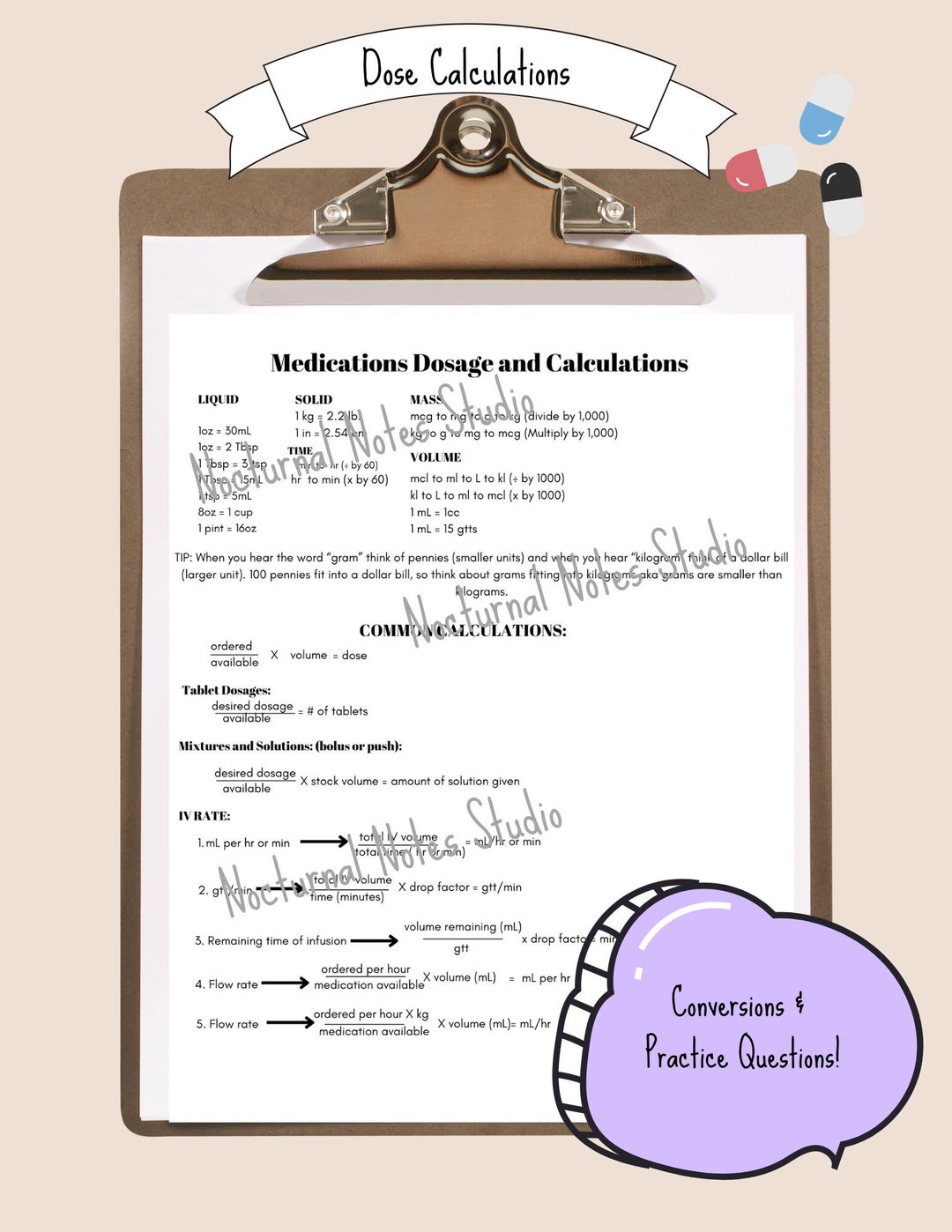 Dose Calculations & Practice Questions, Nursing Student, Nursing Notes ...