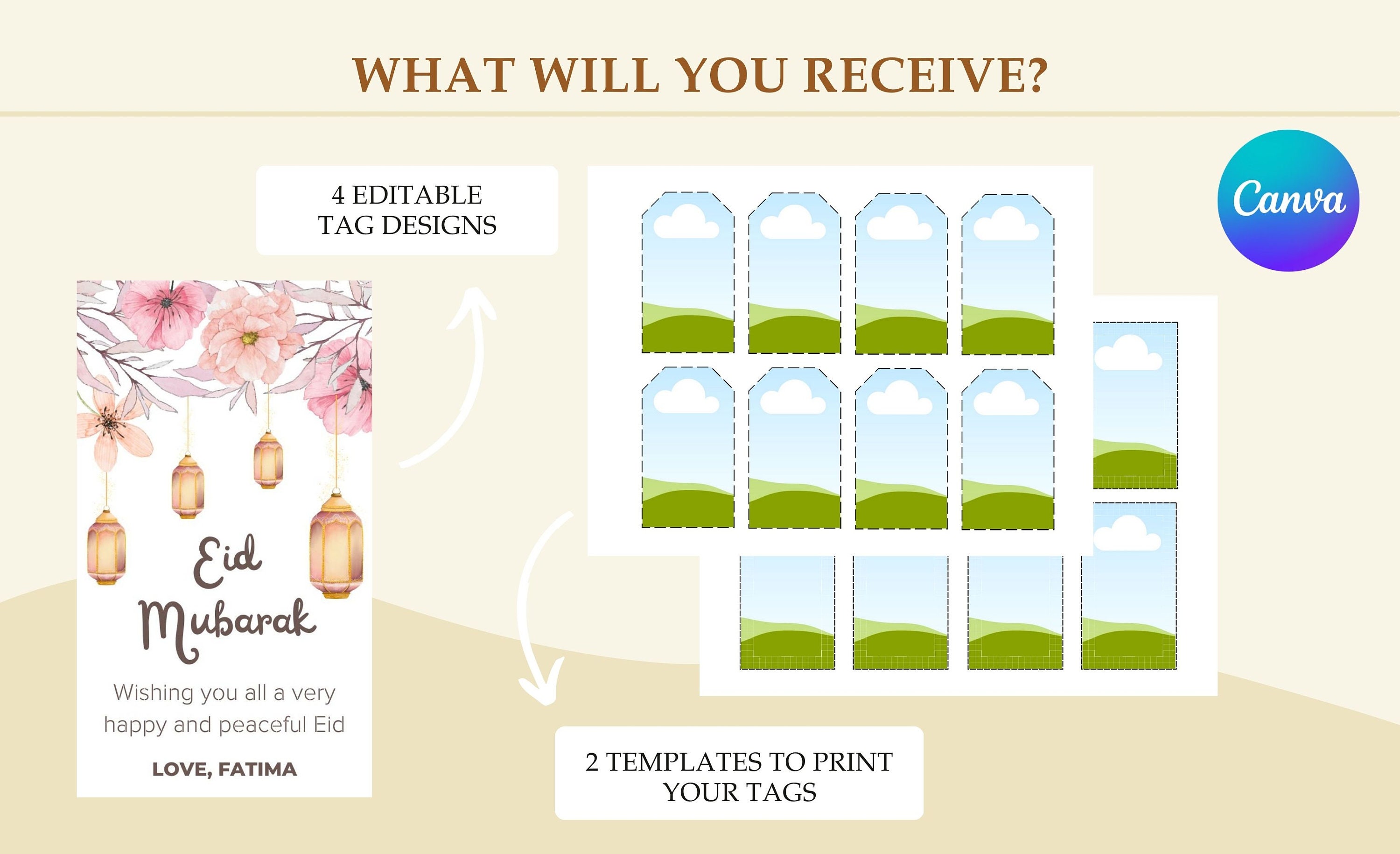Eid Mubarak Tags Editable Eid Tags With Floral and Lantern - Etsy
