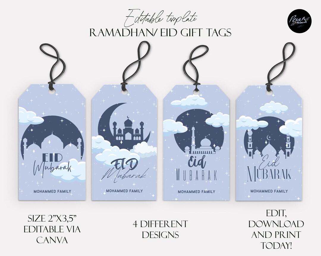 Eid Mubarak Tags, Blue Eid Mubarak Tags, Instant Download Printable Eid ...