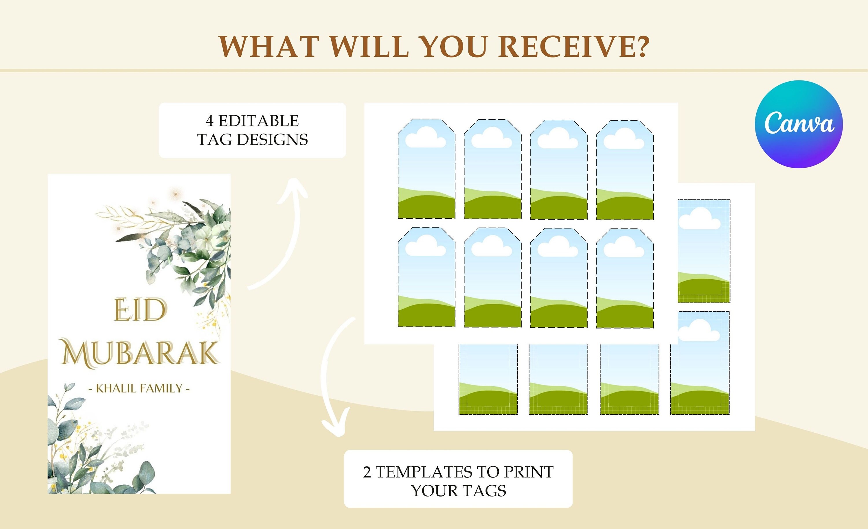 Eid Mubarak Tags Editable Eid Tags With Greenery Gold Watercolor ...