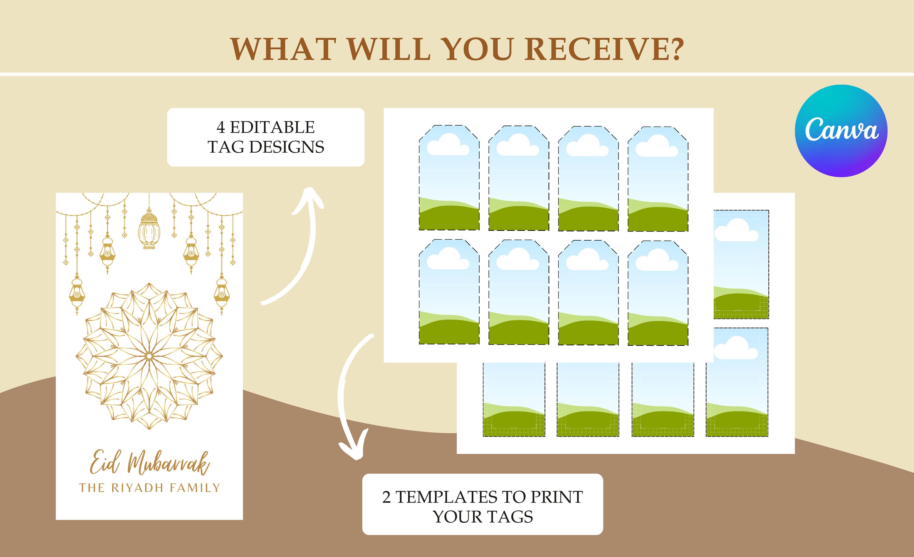 Editable Eid Tags, Gold Eid Mubarak Tags, Instant Download Printable ...