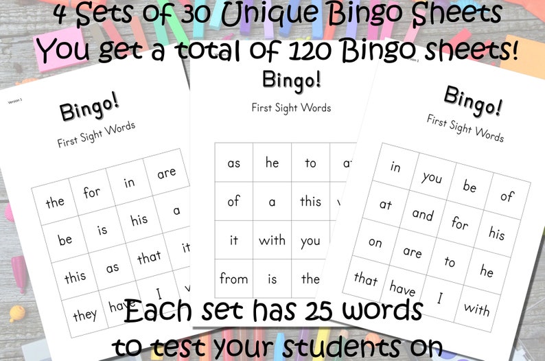 Bingo 100 First High Frequency Words for up to 30 Students. X4 Games ...