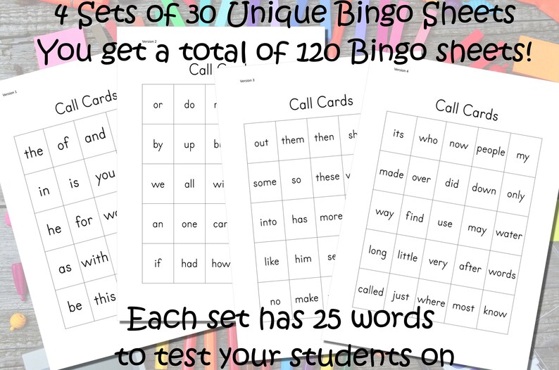 Bingo 100 First High Frequency Words for up to 30 Students. X4 Games ...