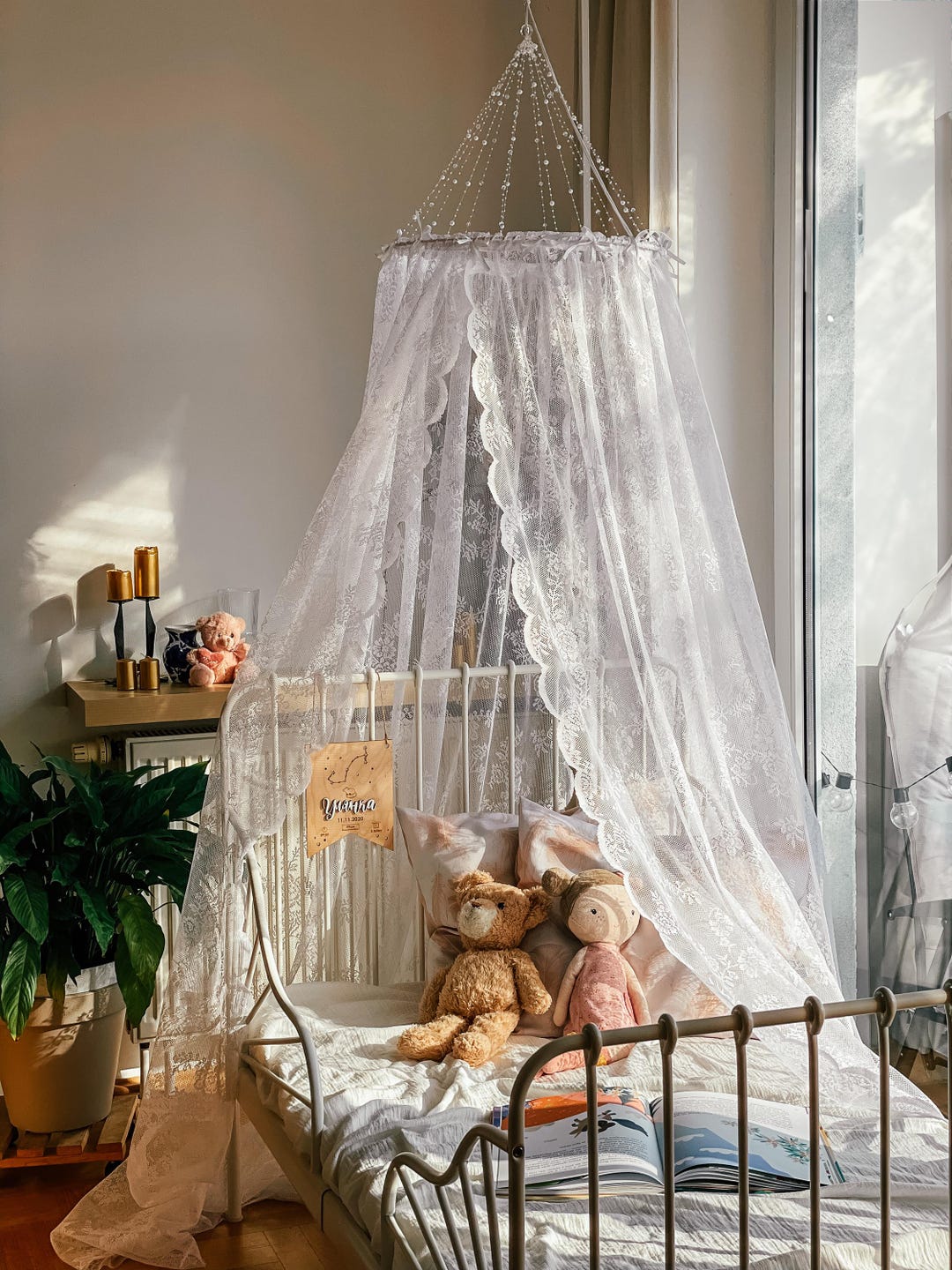 Canopy Bed Curtains Lace Nursery Canopy With Beaded Dome White Jacquard ...