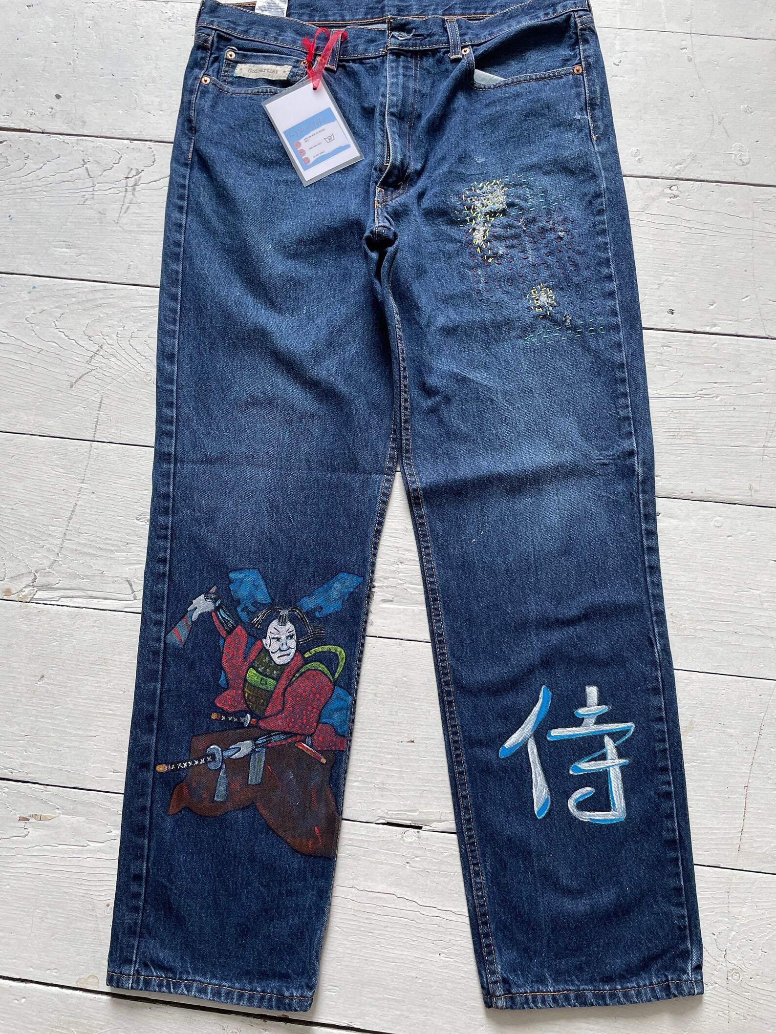Reworked Denim Samurai Jeans, Sashimi Embroidery, Jeans, Mens Size 36 ...