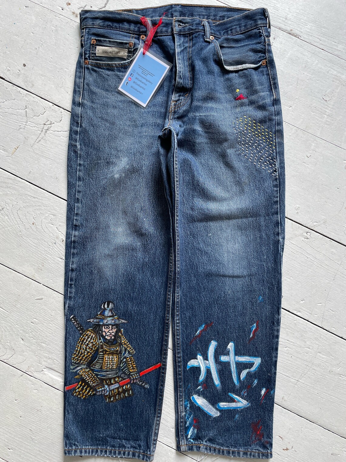 Reworked Denim Samurai Jeans, Sashimi Embroidery, Jeans, Mens Size 34 ...