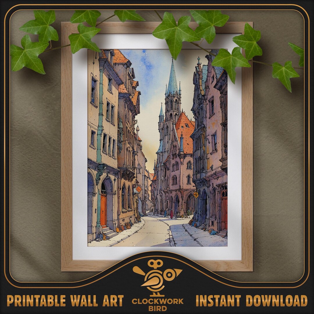 Medieval Townscape in France. Digital Watercolor Fantasy Scenery ...