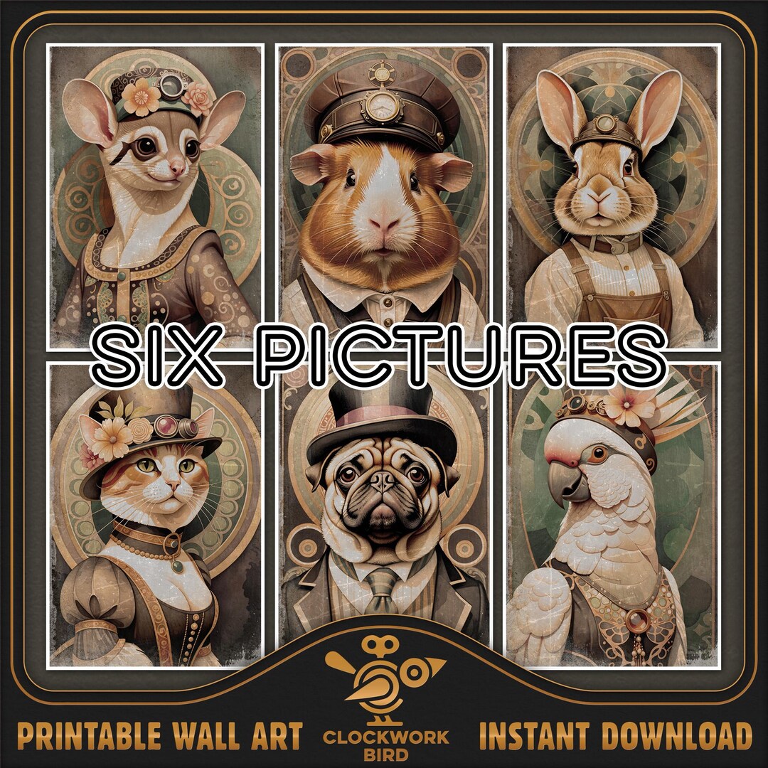 Steampunk Animals Bundle - House Pets. 6 Pieces, Digital Watercolor ...