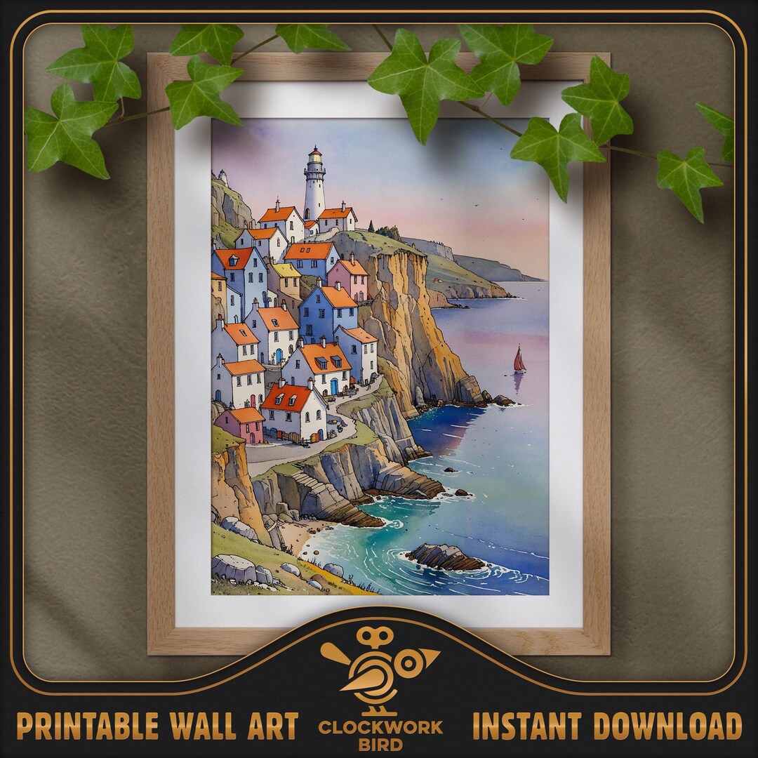 Townscape With Lighthouse. Digital Watercolor Fantasy Scenery Painting ...