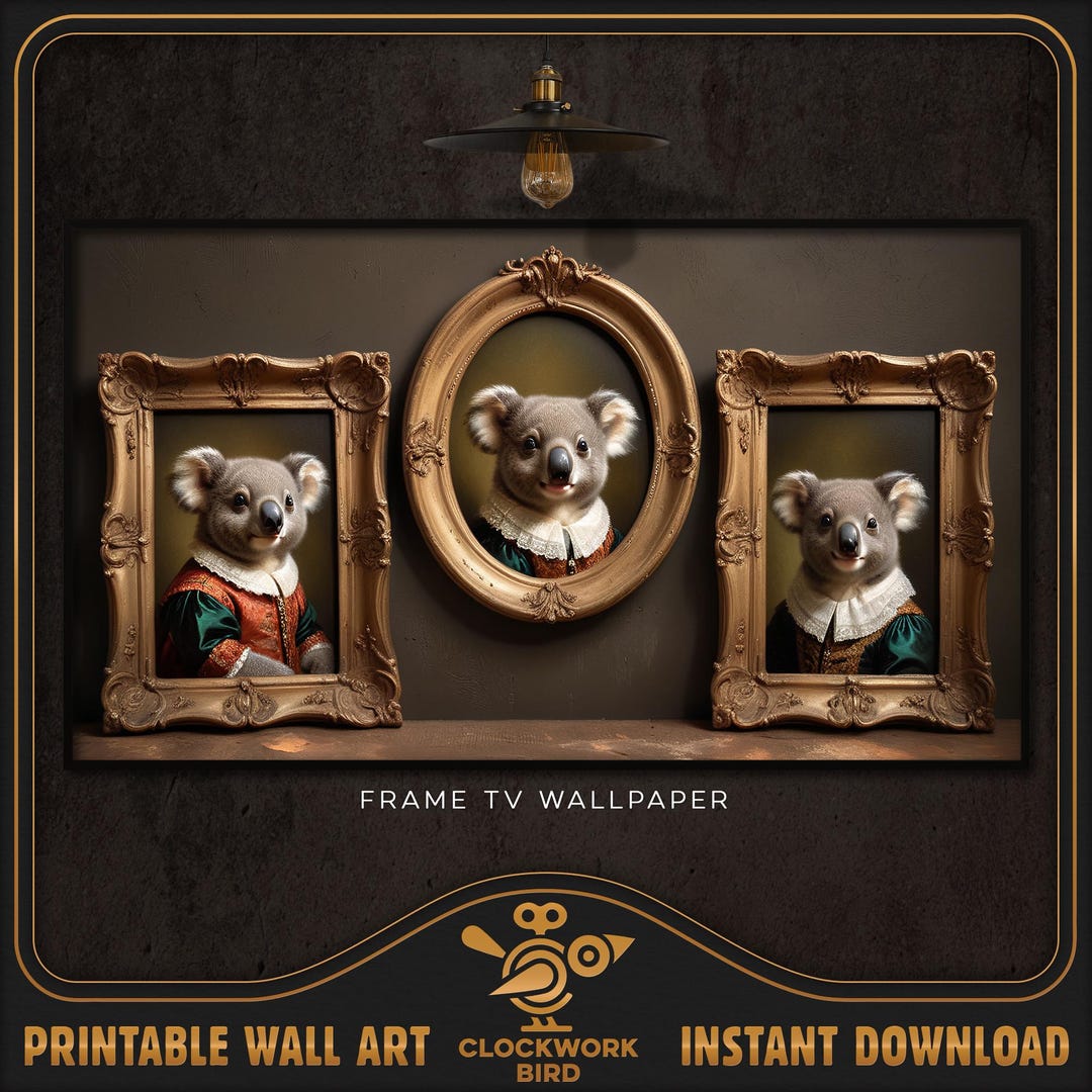 Cute Koala Family Portraits, Frame TV Art, Hanged Baroque Style Digital ...
