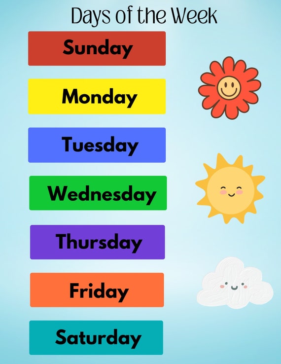 Days of the Week Colorful Digital Print PDF: 8.5 X - Etsy