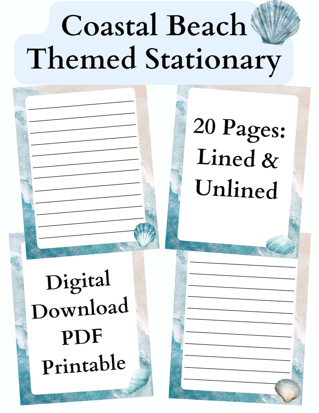 Coastal Beach Themed Stationary, 20 Pages Lined & Unlined With 10 ...