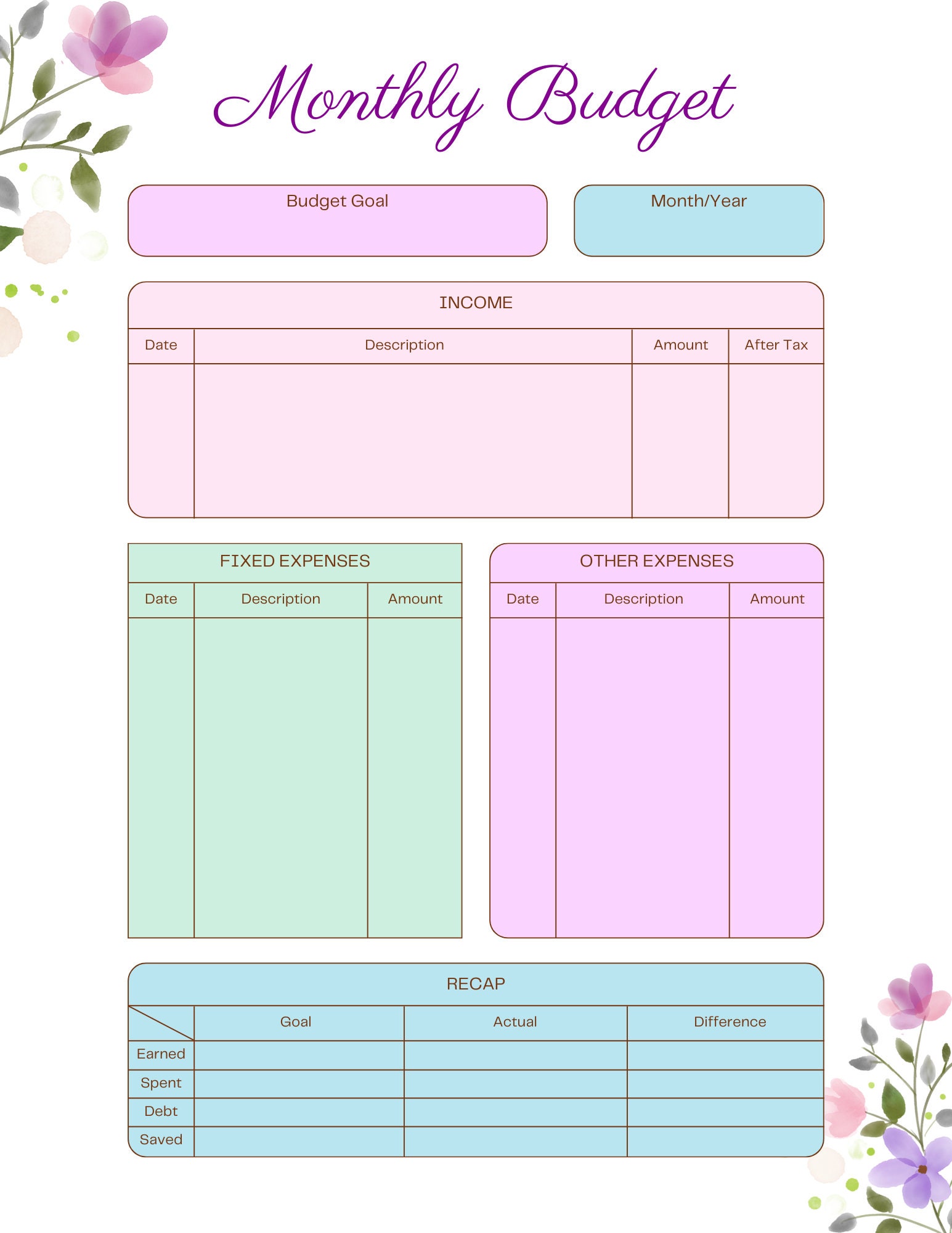 Monthly Budget Planner, Editable Canva Template and Printable PDF ...