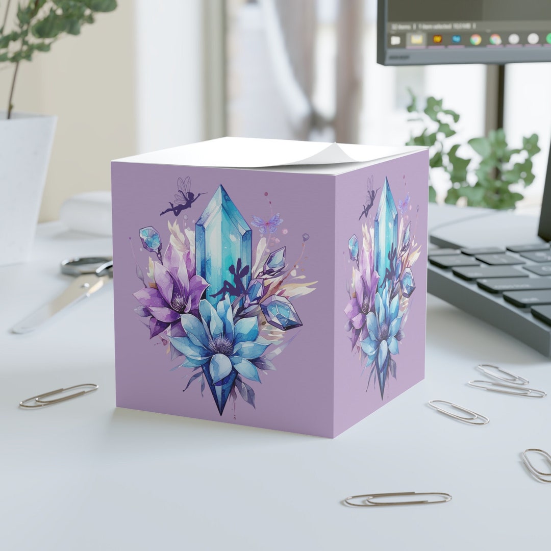 Fairies and Crystals Note Cube, Blue and Purple Floral Sticky Note Cube ...
