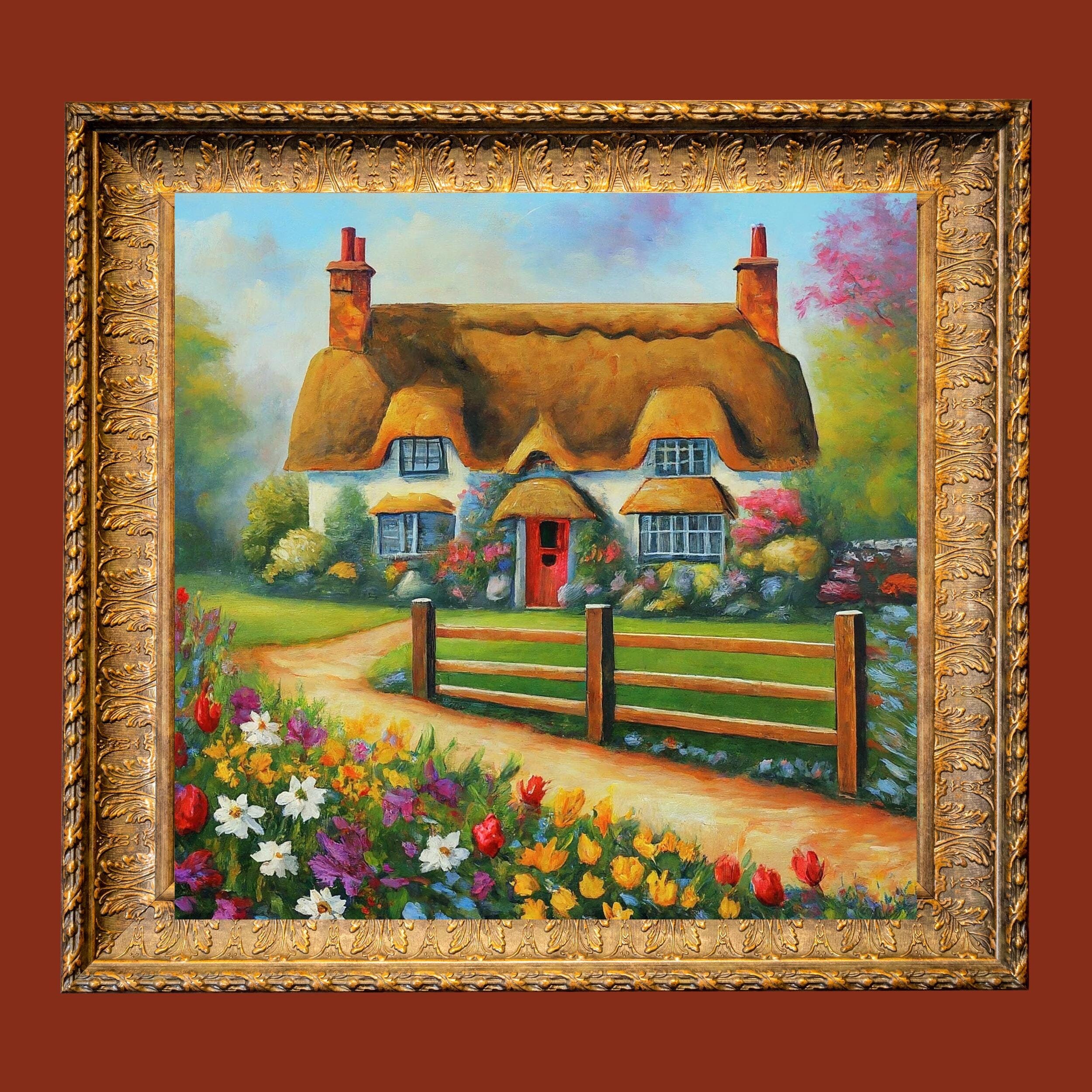 English Cottage Oil Painting Style Digital Art, Printable Wall Art ...