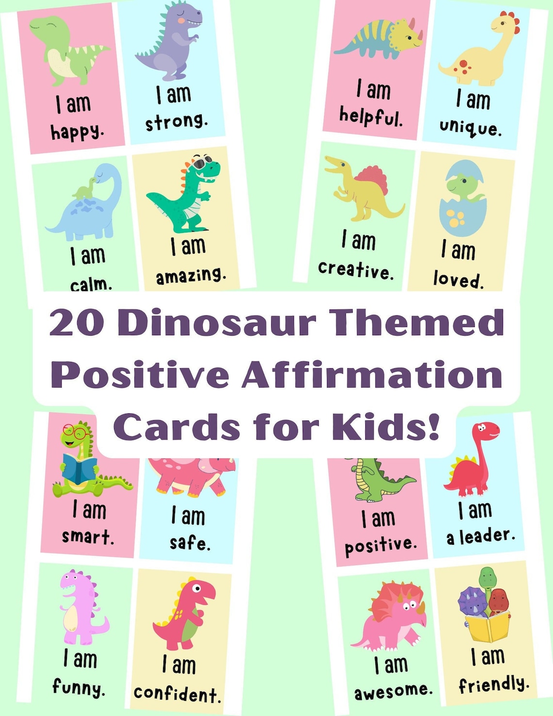 20 Dinosaur Themed Printable Positive Affirmation Cards for Kids, Fun ...