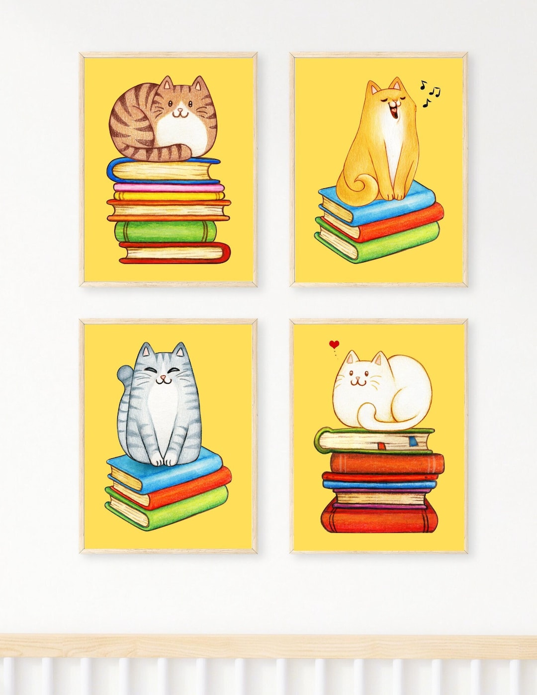Set of 4 Cute Cats on Book Stacks, Wall Art Prints, Cats Sitting on ...