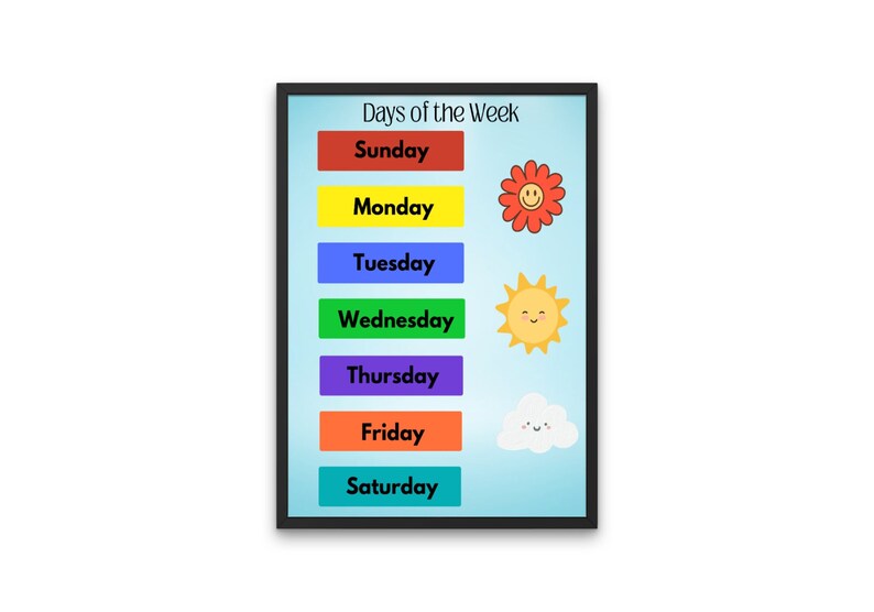 Days of the Week Colorful Digital Print, Kids Learn Days of the Week ...