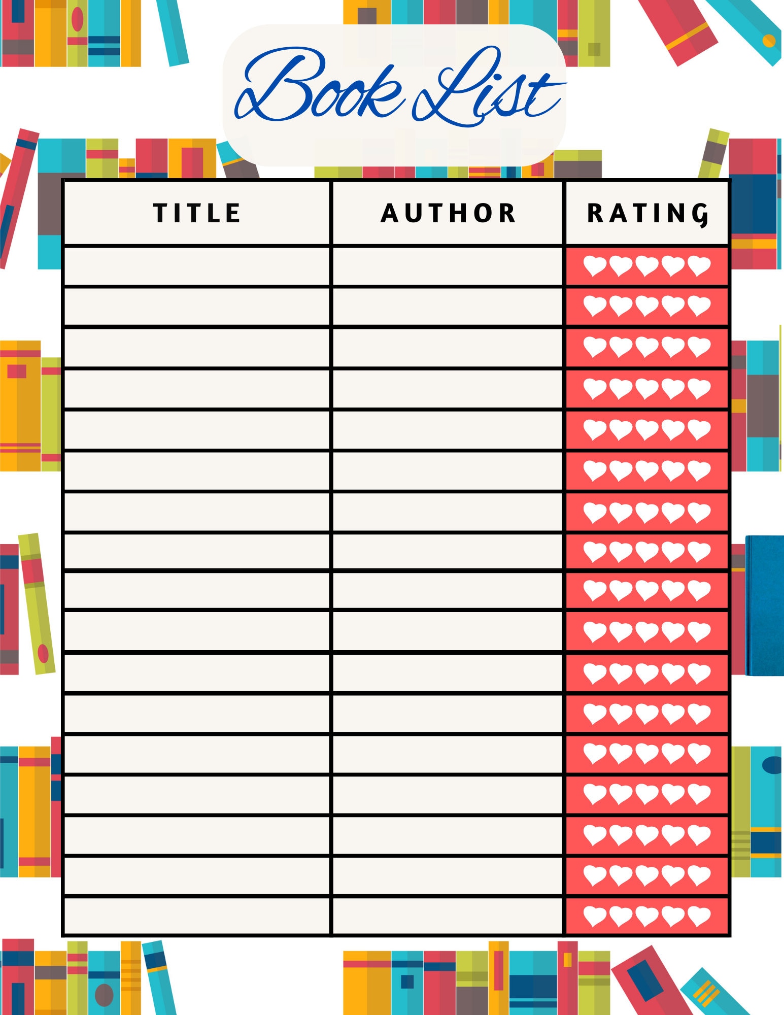 Book List Tracker Book Log With Book Rating, List of Books Read ...