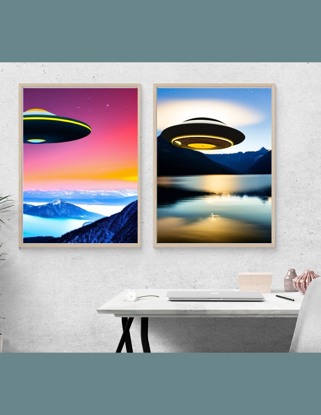 Set of Two UFO Digital Art Prints, Ufo's Over Water & Mountains Wall ...