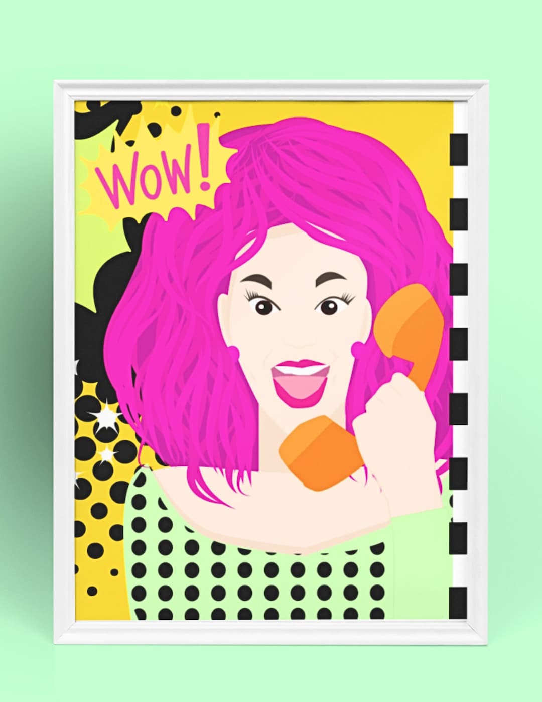 Retro 80's Comic Book Style Digital Art Print, Woman Holding Telephone ...