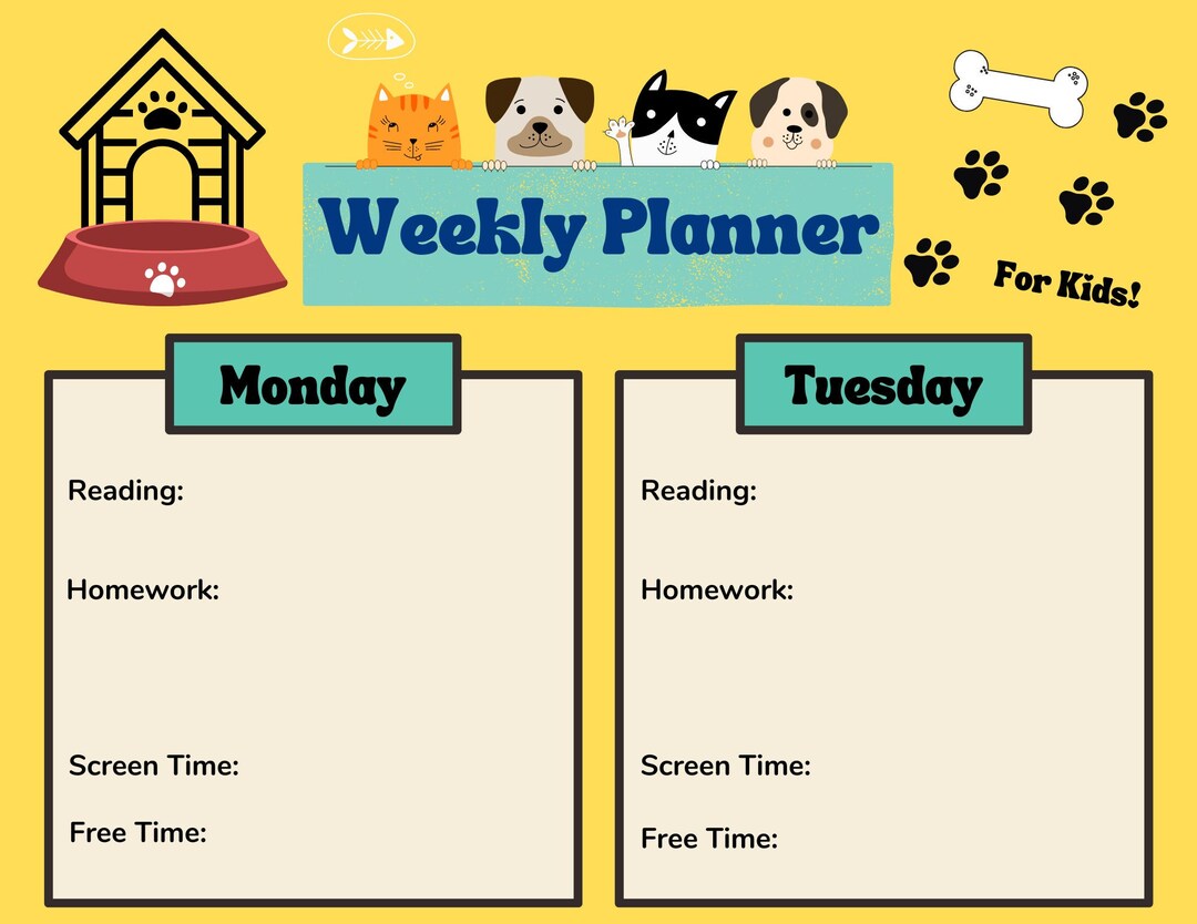 Kids Weekly Daily Editable Printable Planner Template Cats and Dogs ...