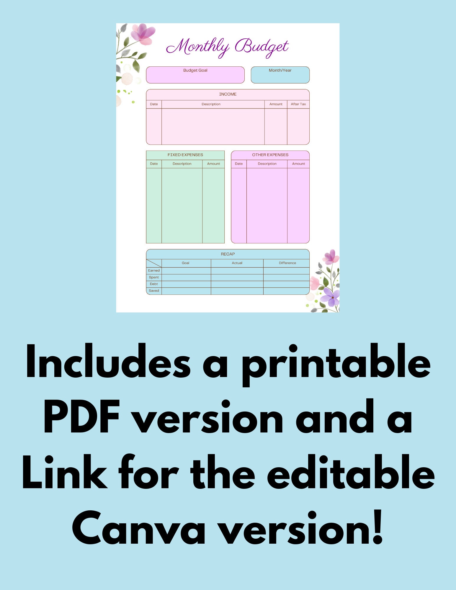 Monthly Budget Planner, Editable Canva Template and Printable PDF ...