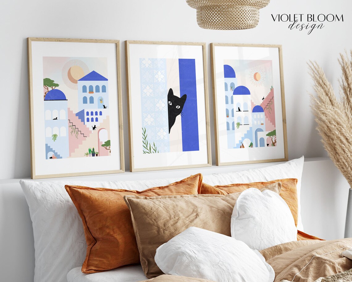 Boho Greece City Scenery Wall Art, Gift for Cat Lover, Funny Cat Wall ...