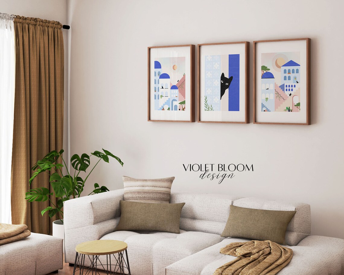 Boho Greece City Scenery Wall Art, Gift for Cat Lover, Funny Cat Wall ...