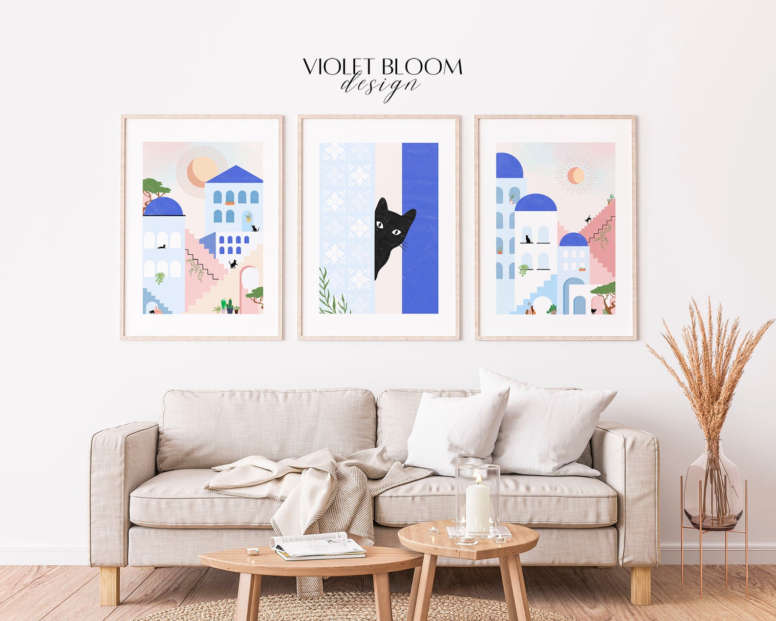 Boho Greece City Scenery Wall Art, Gift for Cat Lover, Funny Cat Wall ...