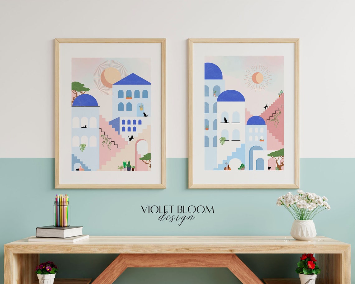 Boho Greece City Scenery Wall Art, Gift for Cat Lover, Funny Cat Wall ...